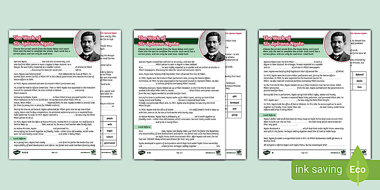 Year 5-8 Apirana Ngata Differentiated Cloze Activity