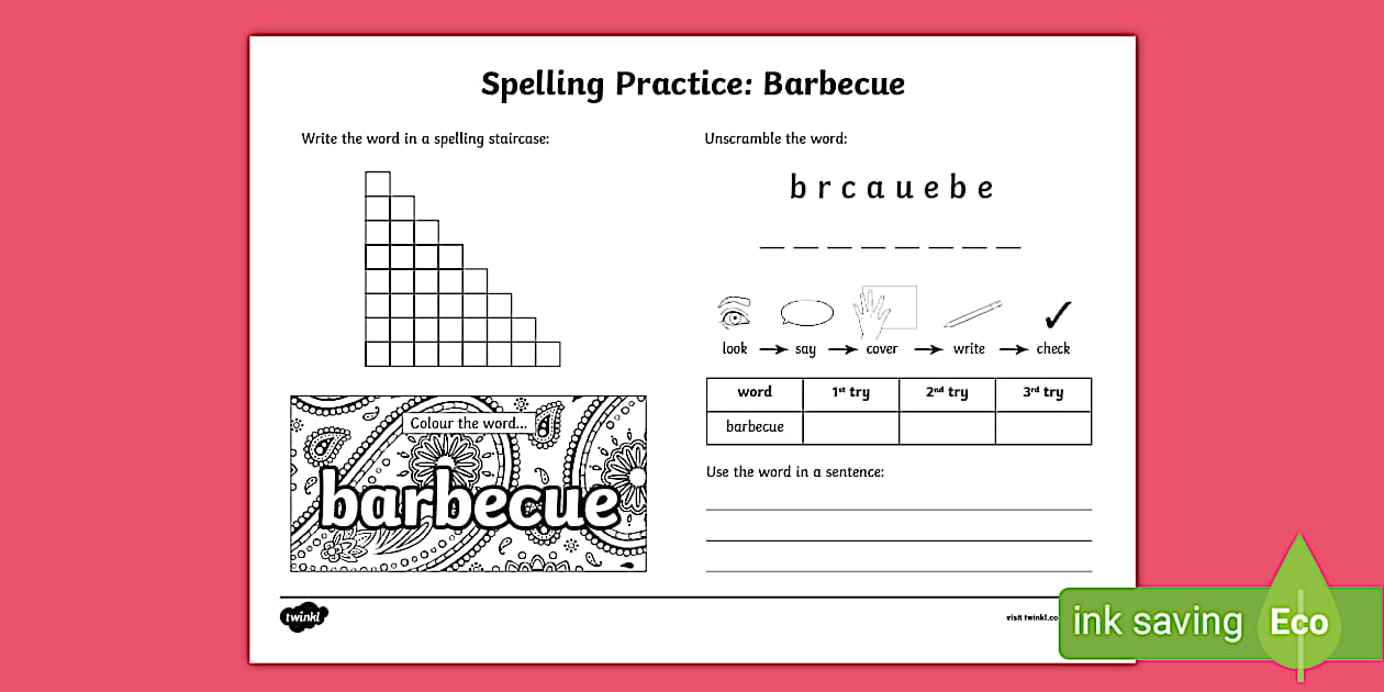 Barbecue Spelling Practice Worksheet (Teacher-Made) - Twinkl