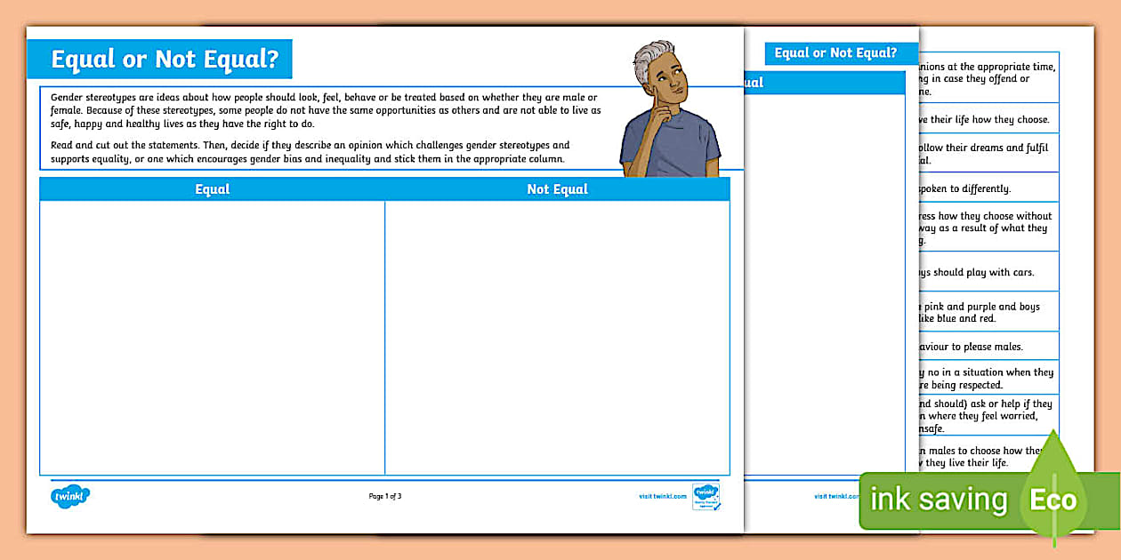 Gender Equality Worksheet - Equal or Not Sorting Statements