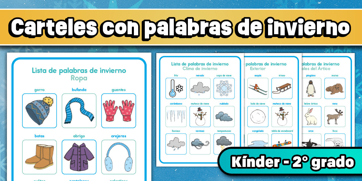 Carteles con palabras de invierno para kínder-2° grado