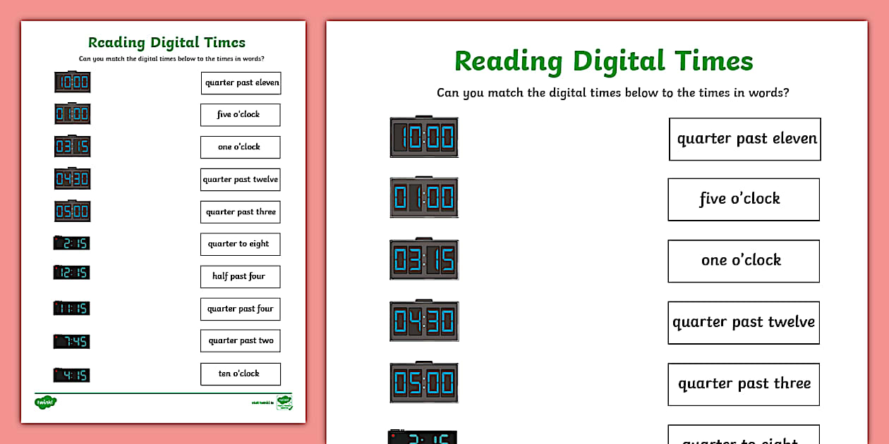 Reading Digital Times Matching Worksheet