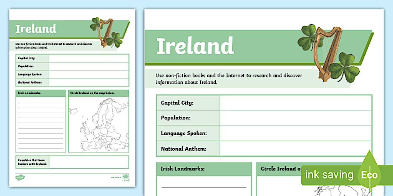 Editable Ireland Fact File Worksheet (teacher made)