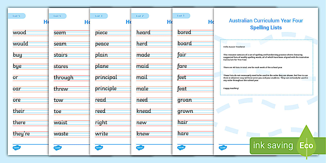Australian Curriculum Year 4 Spelling & Handwriting Practice