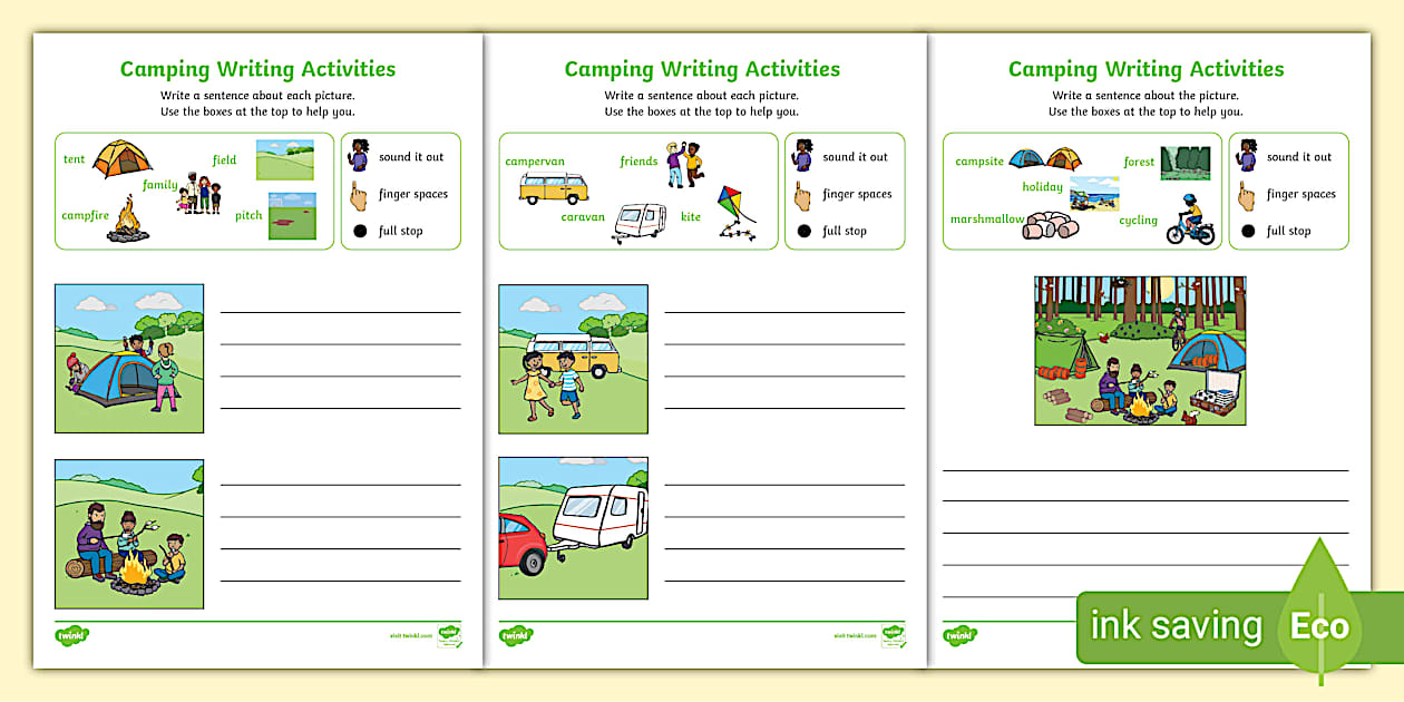 Black and White Camping Early Writing Activities - Twinkl