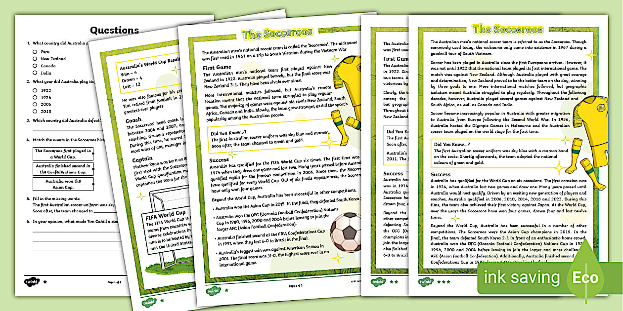 Socceroos Differentiated Reading Comprehension - Twinkl