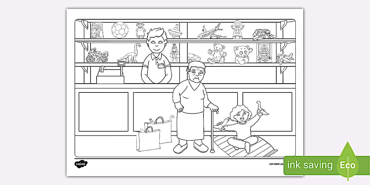 Inside the Toy Shop Colouring Page (Teacher-Made) - Twinkl