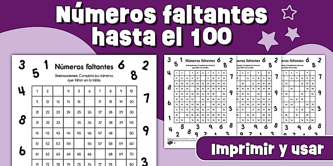 Hoja de trabajo de números faltantes hasta el 100