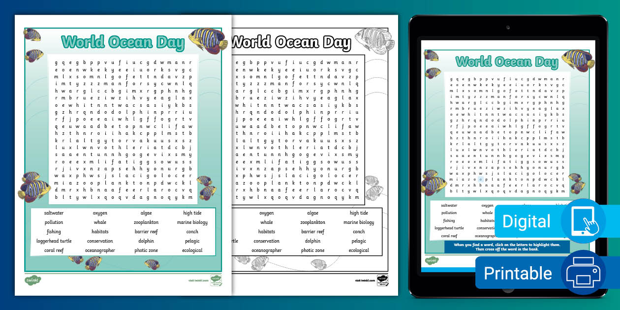 World Ocean Day Word Search for 6th-8th Grade