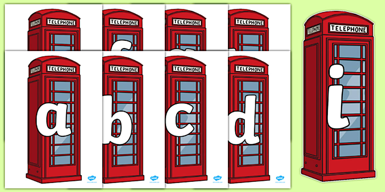 Black and White Alphabet on Red Telephone Boxes - Twinkl