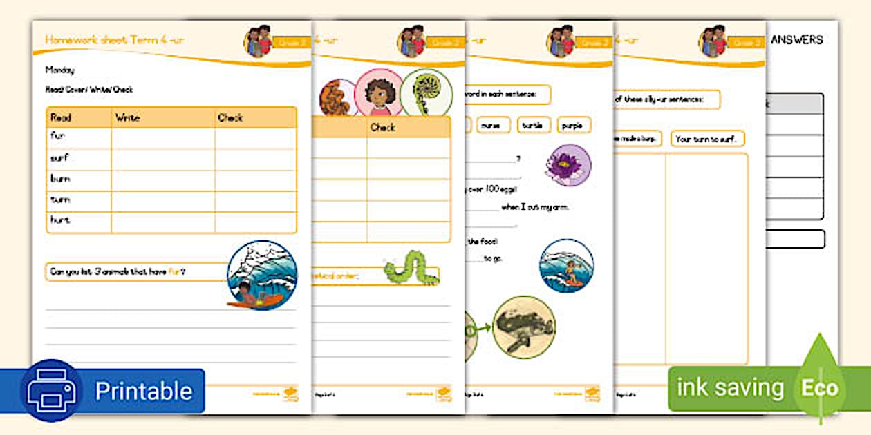 Grade 2 Phonics: -ur Homework Sheet (teacher made) - Twinkl