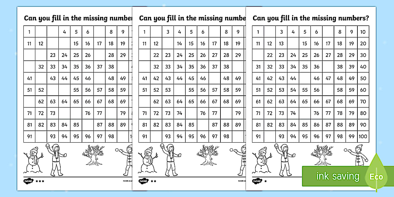 Editable Winter Themed Missing Numbers Number Square