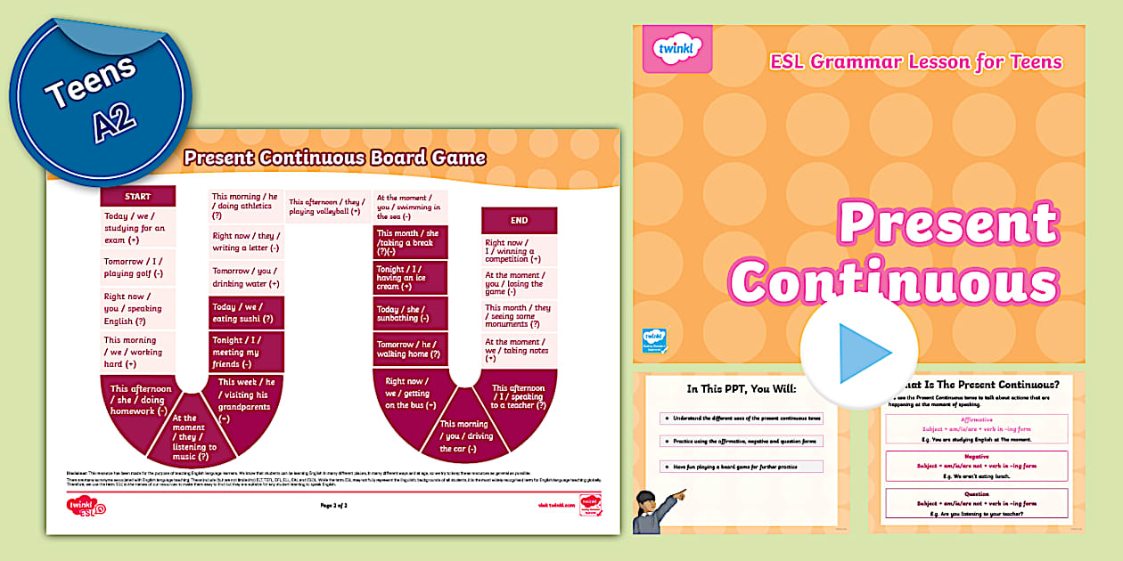 ESL Present Continuous Grammar Lesson & Board Game