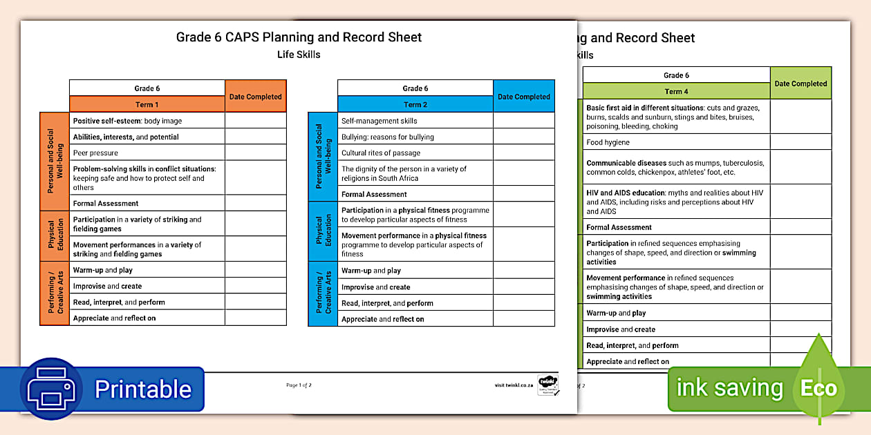 Life Skills CAPS Document | Content Planner | Grade 6