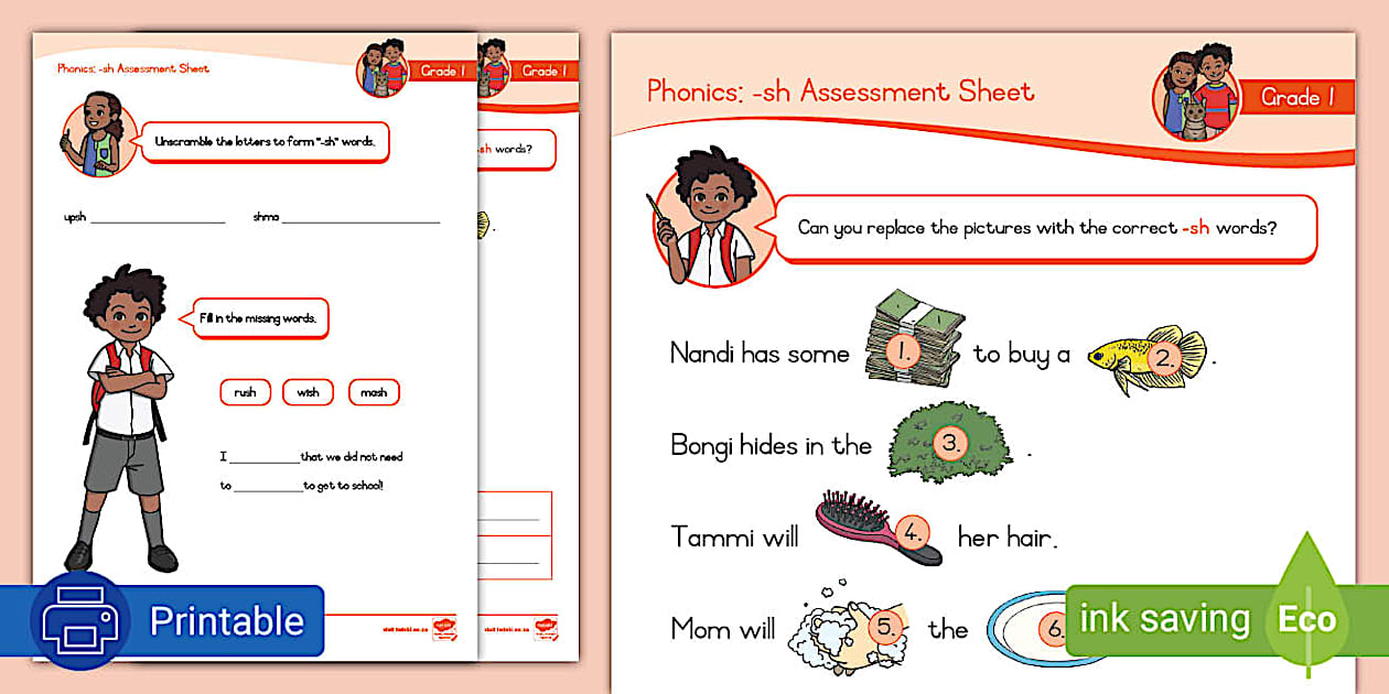 Grade 1 Phonics -sh Assessment Sheet (Teacher-Made) - Twinkl