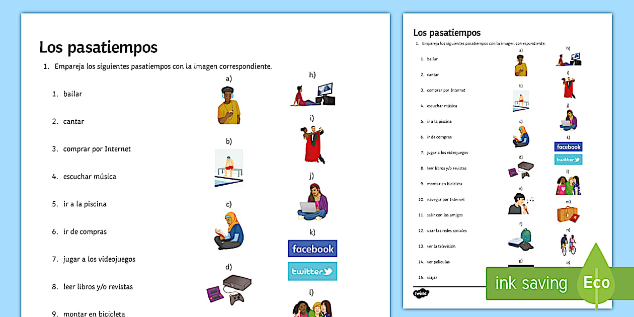 Hobbies and Free Time Activities Matching Worksheet / Worksheet Spanish