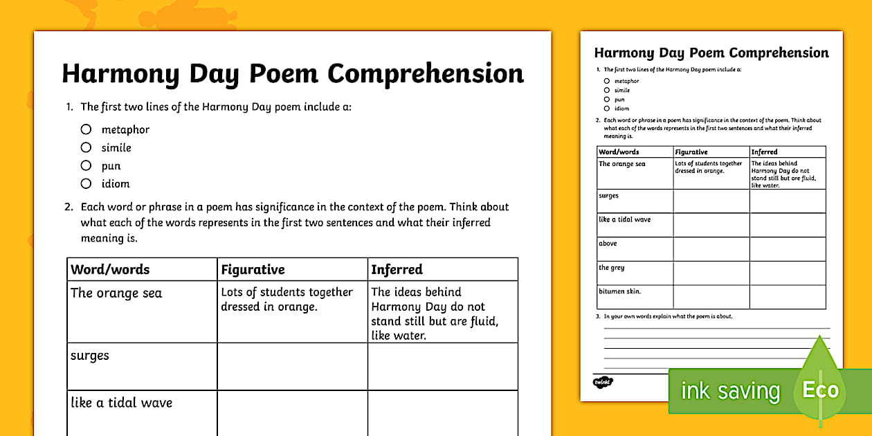 Harmony Week Poem Comprehension Activity - Twinkl
