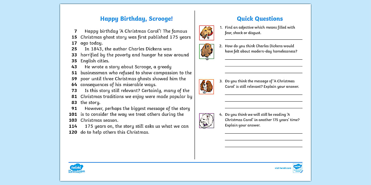 UKS2 'A Christmas Carol' Daily News 60-Second Read Activity Cards