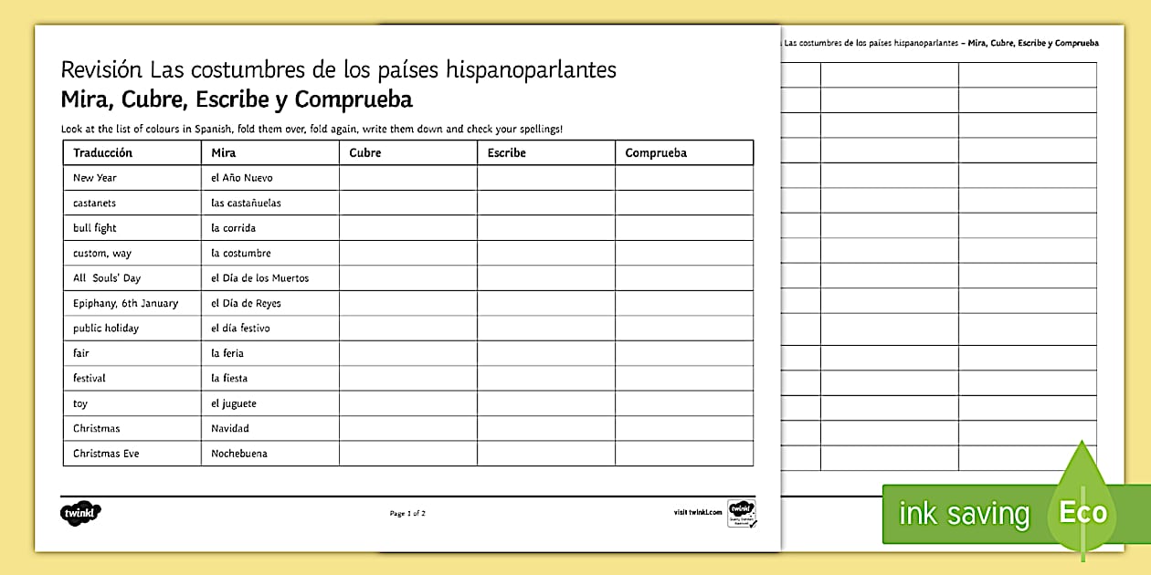 Customs in Spanish Speaking Countries Look Cover Write Check Worksheet