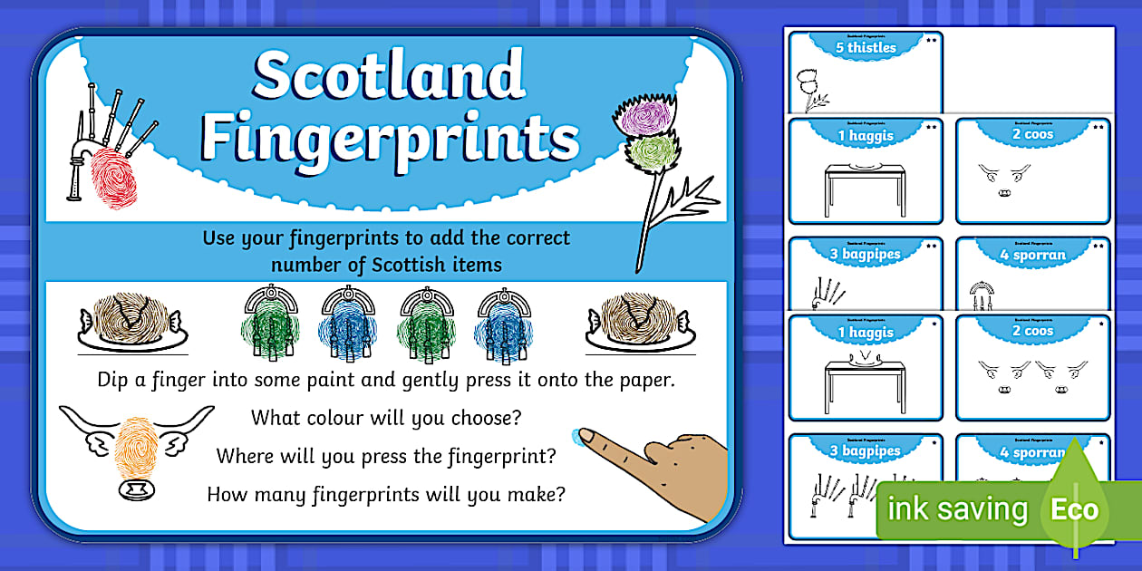Numbers to 5 Scotland Fingerprints Activity Sheet - Twinkl