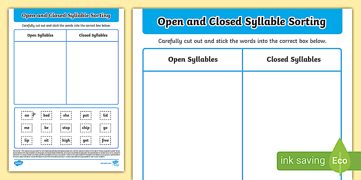 Open and Closed Syllable Sorting Activity - Twinkl