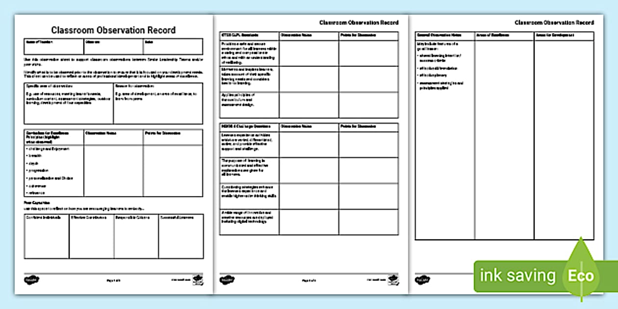 Editable Classroom Observation Record (teacher made)
