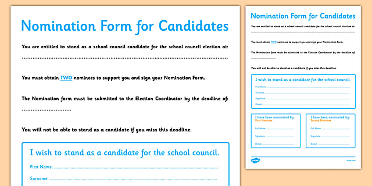 Editable School Council Election Candidate Nomination Form