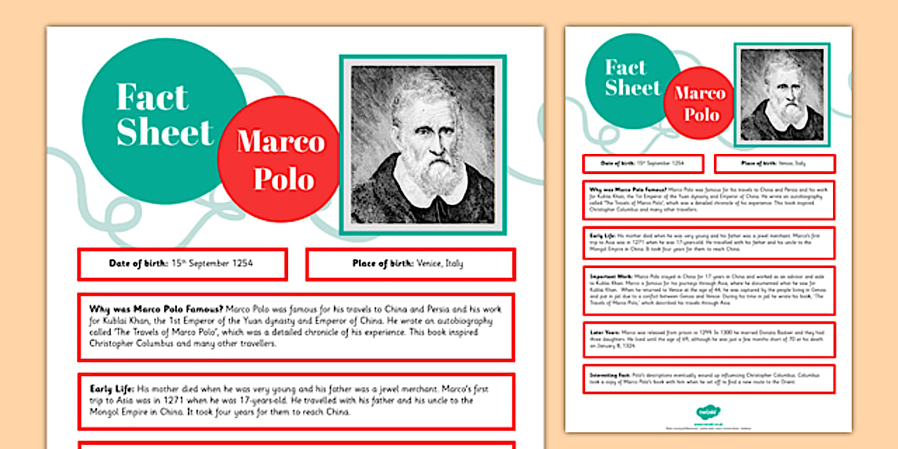 Editable Marco Polo Fact Sheet (professor feito) - Twinkl