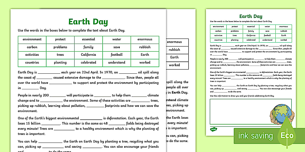 Earth Day Cloze Worksheet (teacher made) - Twinkl