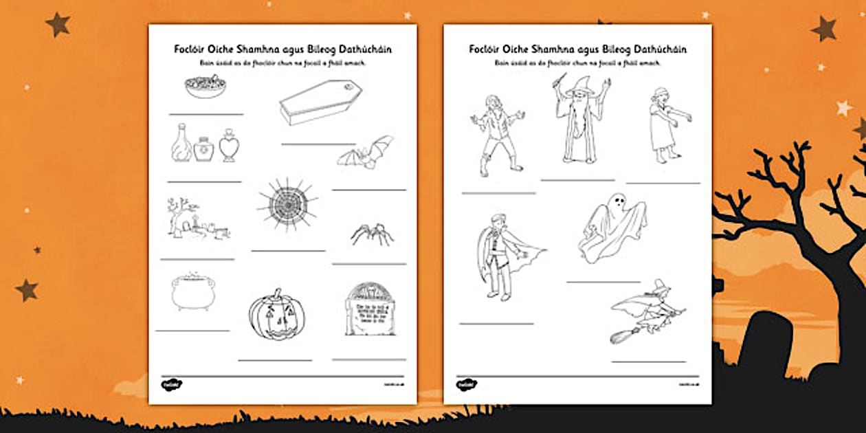 Irish Halloween Dictionary Work Colouring Sheet - Twinkl
