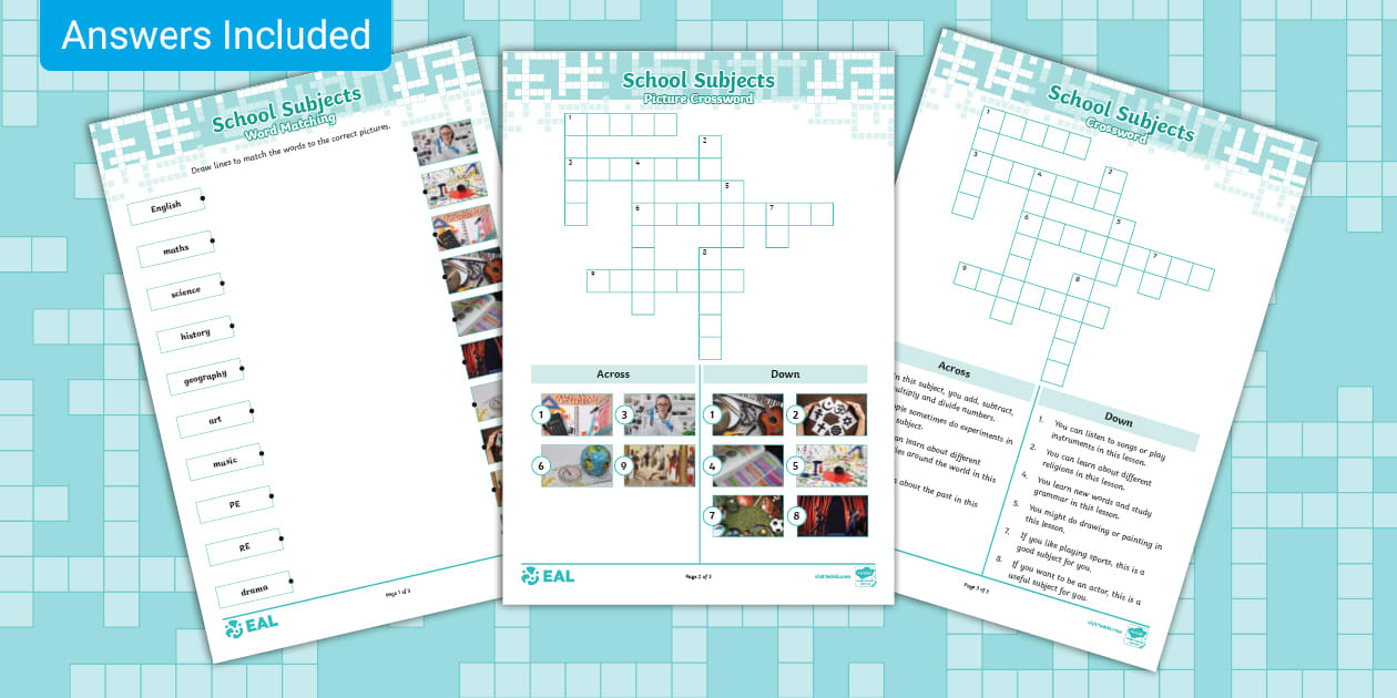 School Subjects Vocabulary Crosswords for EAL Learners