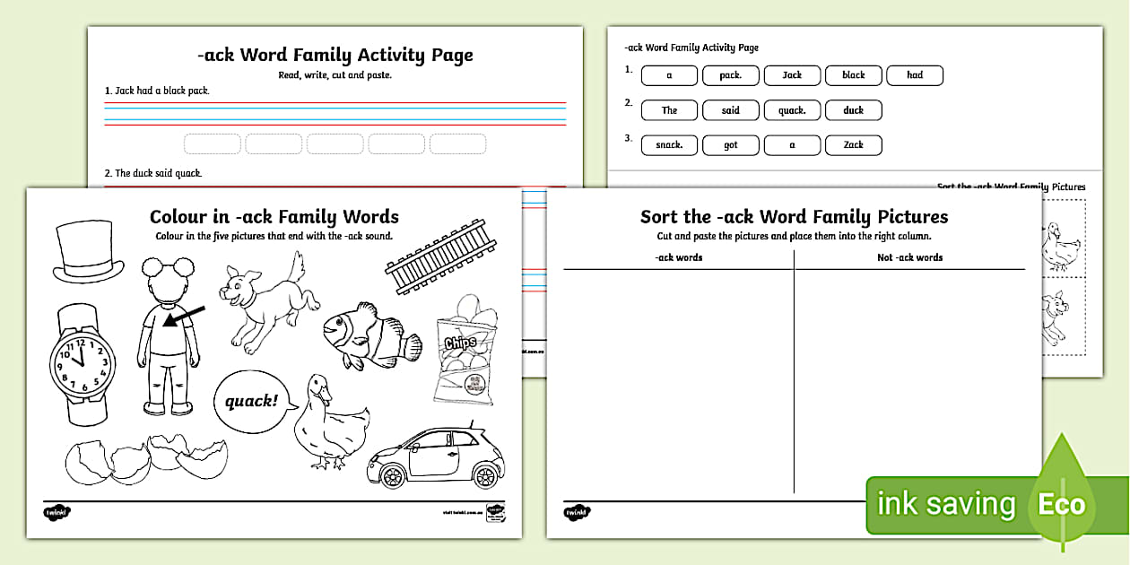 'Ack' Word Family Worksheets | Twinkl