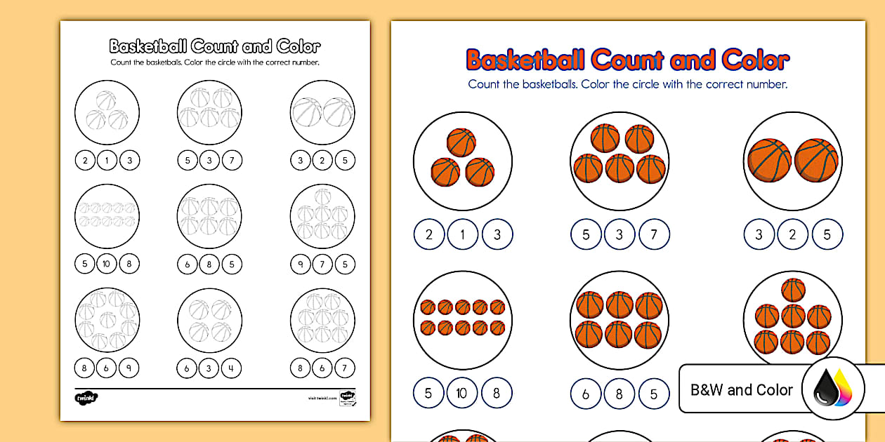 Basketball Count and Color Worksheet (teacher made) - Twinkl
