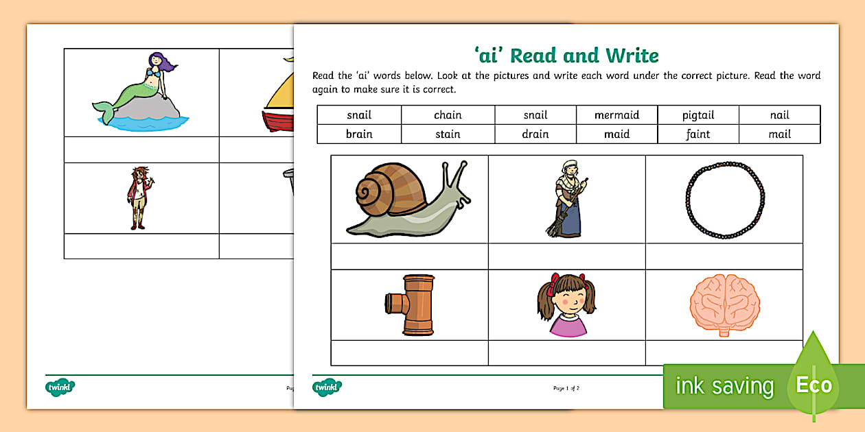 'ai' Read and Write Worksheet - Twinkl