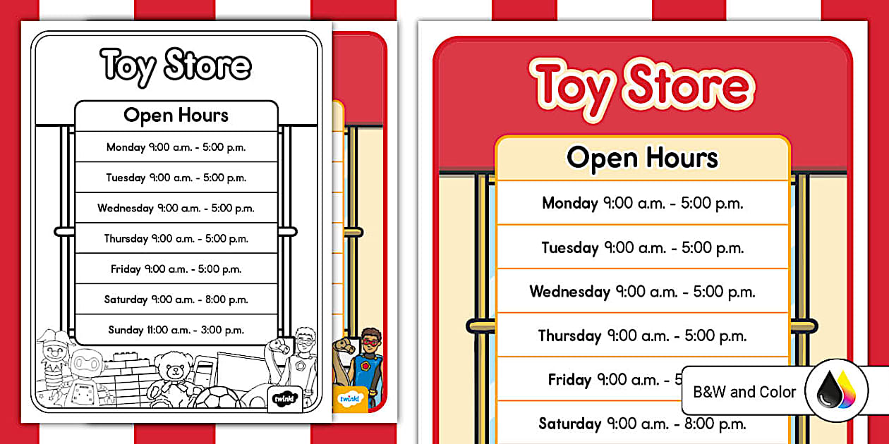 Toy Store Dramatic Play Hours Sign (teacher made) - Twinkl
