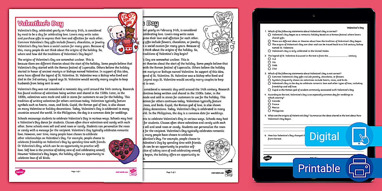 Sixth Grade Valentine’s Day Reading Comprehension Activity