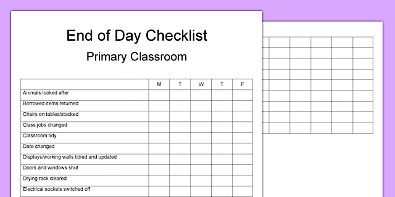 End of Day Checklist Primary Classroom (teacher made)