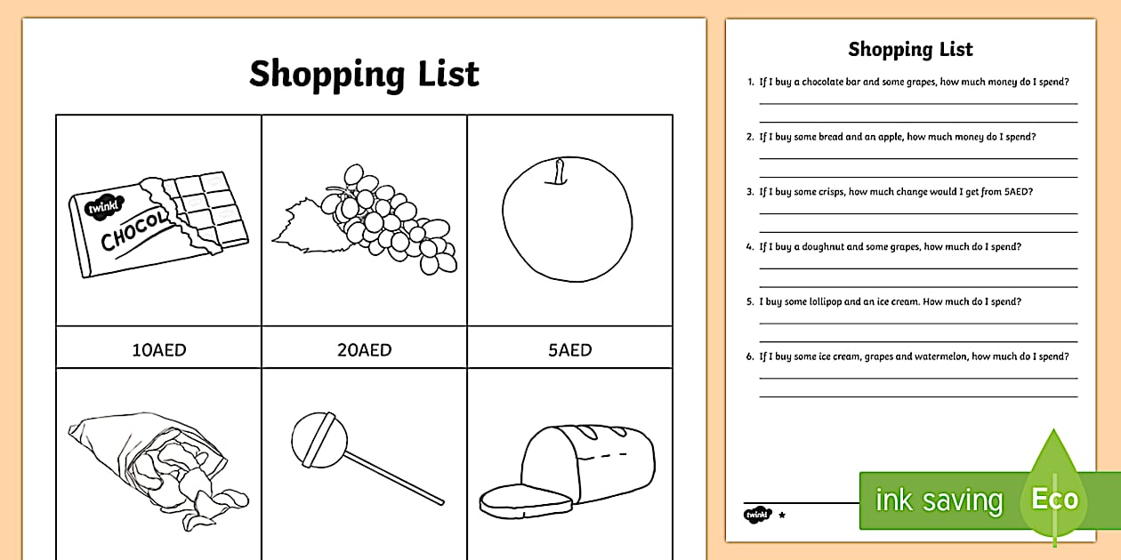 Shopping List AED Differentiated Worksheet / Worksheets