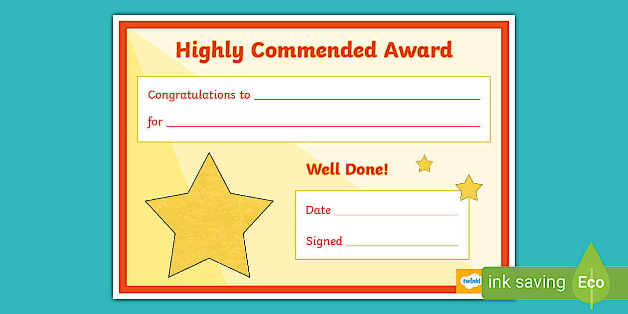 Highly Commended Award Certificate (teacher made) - Twinkl