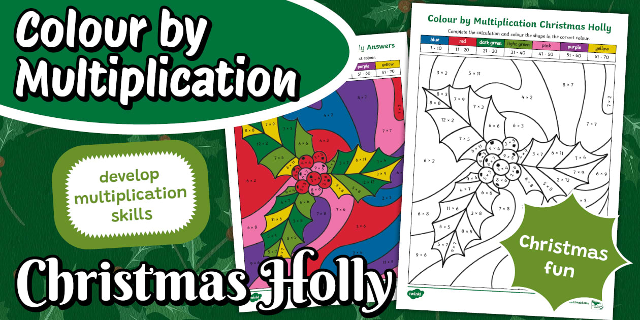 Colour by Multiplication Christmas Holly Activity Sheet