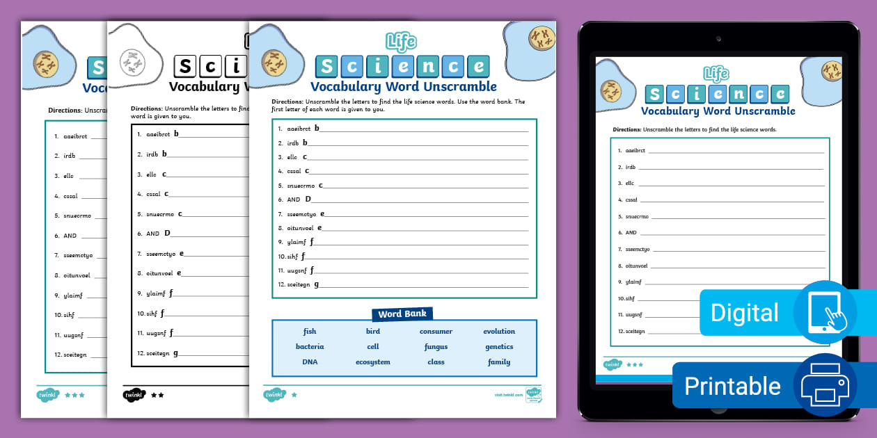 Tier 3 Life Science Differentiated Word Unscramble - Twinkl
