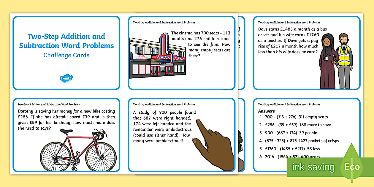 Editable Two-Step Addition and Subtraction Word Problem Challenge Cards