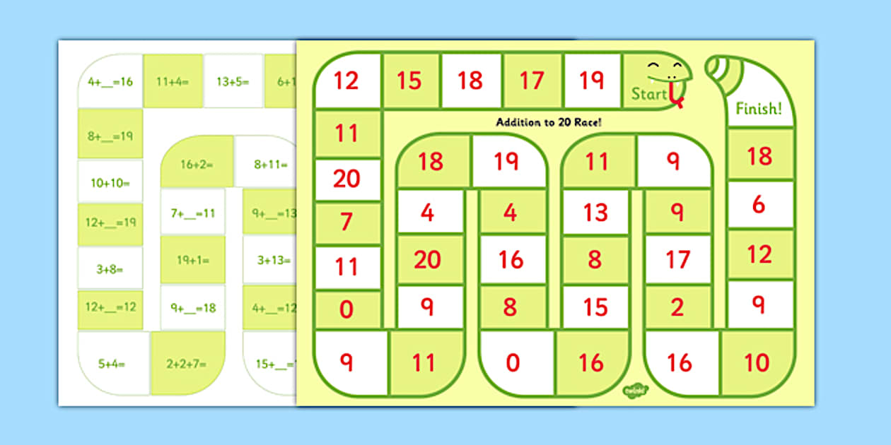 Editable Self-Checking Addition to 20 Board Game - Twinkl