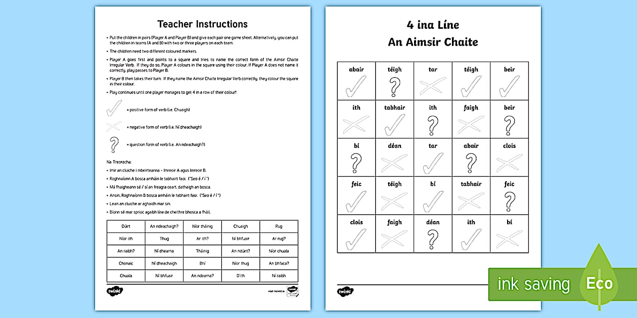 Editable '4-in-a-Row' Past Tense Irregular Verbs Game (Gaeilge)