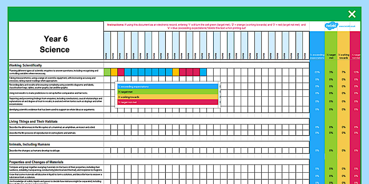 2014 National Curriculum Year 6 Science Spreadsheet - class management