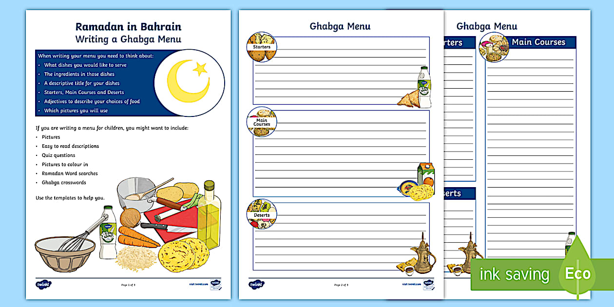 Ramadan in Bahrain Ghagba Menu Writing Template - Twinkl