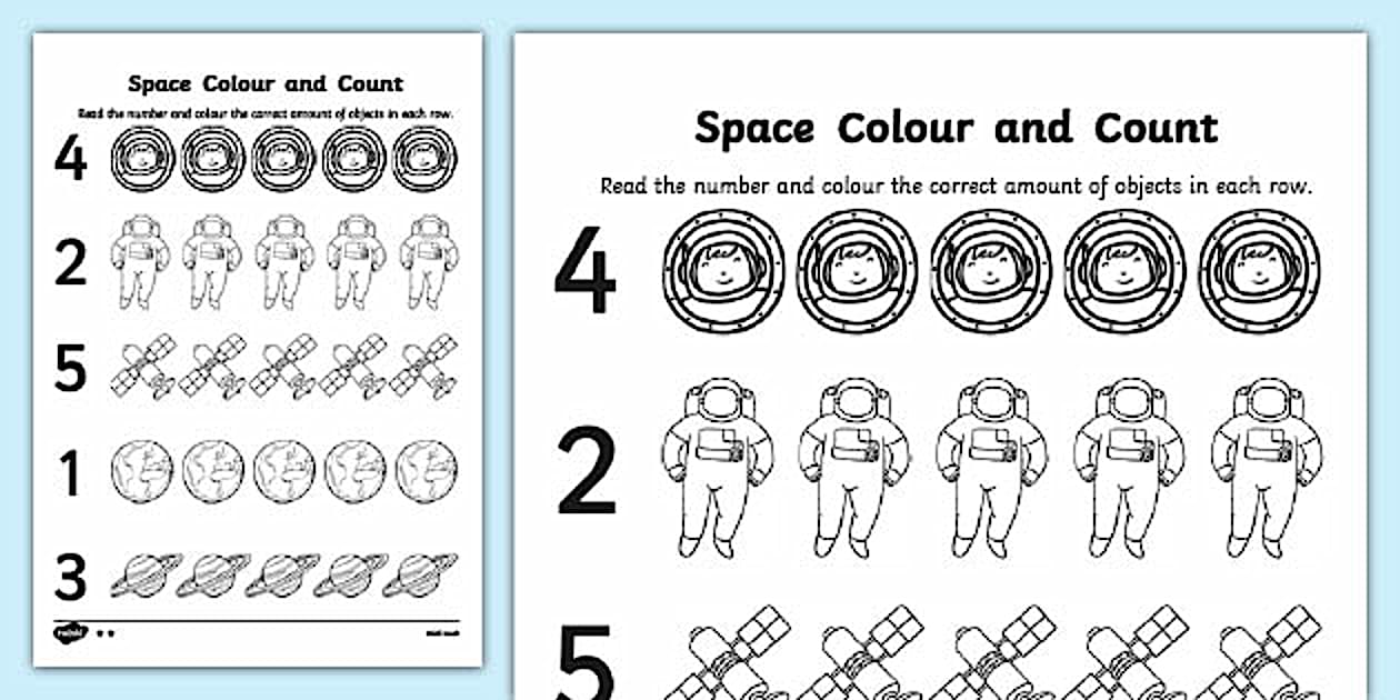 Space Themed Count and Colour Sheet - Twinkl