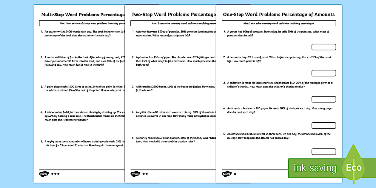Percentage Word Problems Year 6 | Differentiated Worksheets