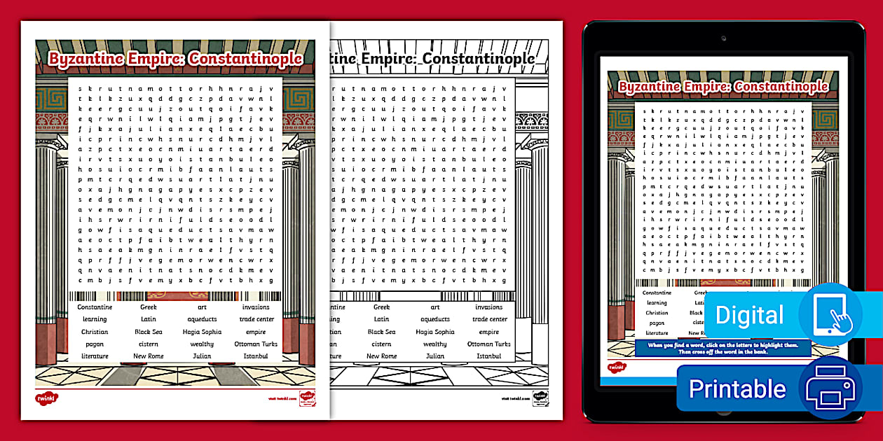 Byzantine Empire: Constantinople Word Search for 6th-8th Grade