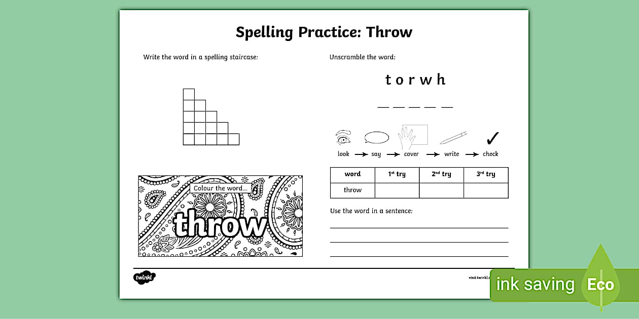 Throw Spelling Practice Worksheet (teacher made) - Twinkl