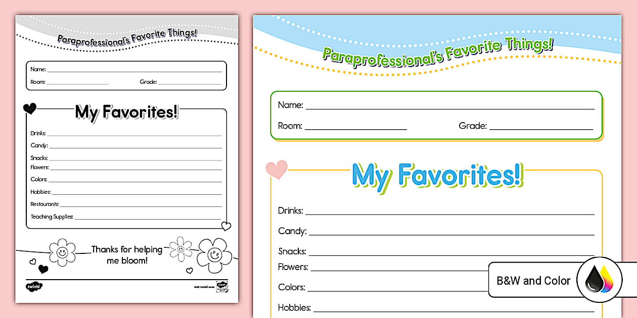 Paraprofessional Favorite Things Form | Reflect | Twinkl USA